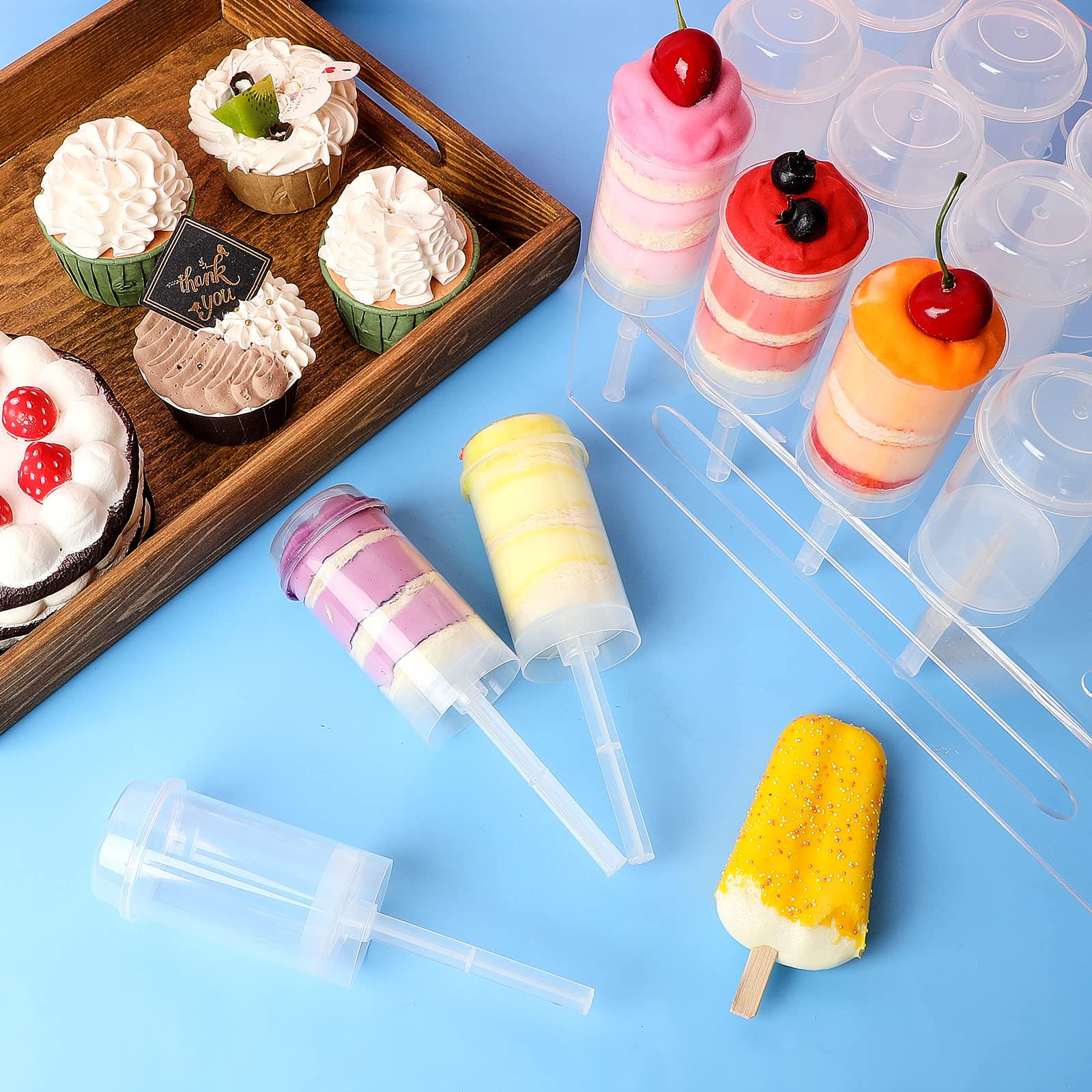 CHENGU 30 Hole Push Pop Cake Stand and 30 Clear Cake Pop Shooter Plastic Cake Containers Push up Containers Shooter Cups with Lids Cake Pop Tray Holder for Dessert (Rectangular with 1 Layer)