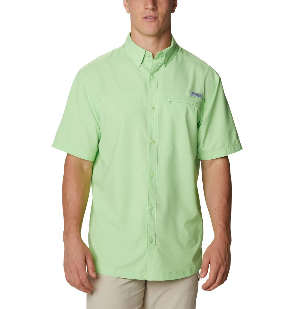 Columbia Men's PFG Grander Marlin Woven Short Sleeve Shirt, Moisture Wicking, Sun Protection, Lime Glow, Medium