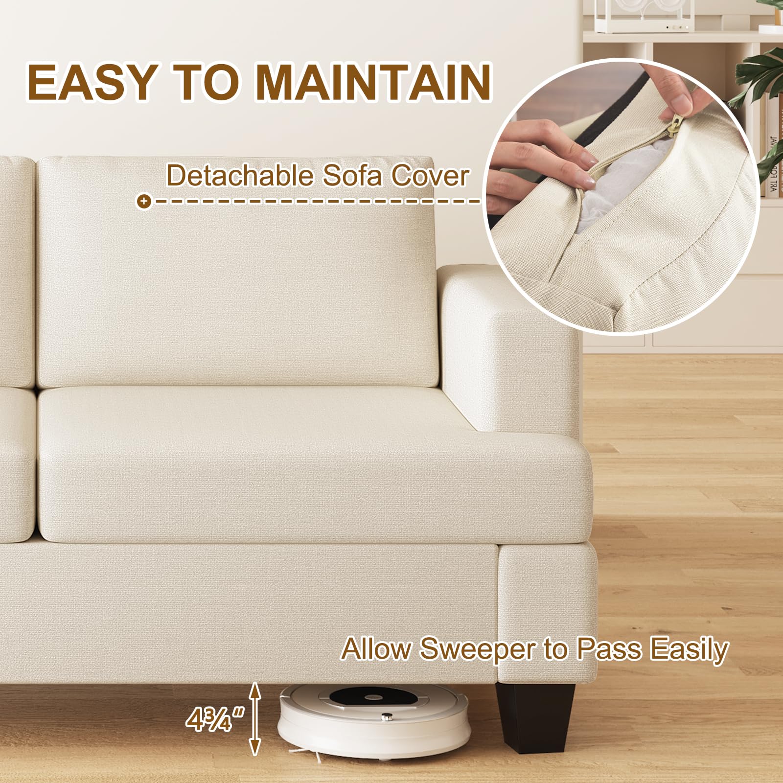 Furnimart Sectional Couches for Living Room, Modern Loveseat and 3 Seater Couch, Deep Seat Sofa Set, Beige Linen Sectional Sofa Cream Couch, Comfy Fluffy Couch with Removable Sofa Cover