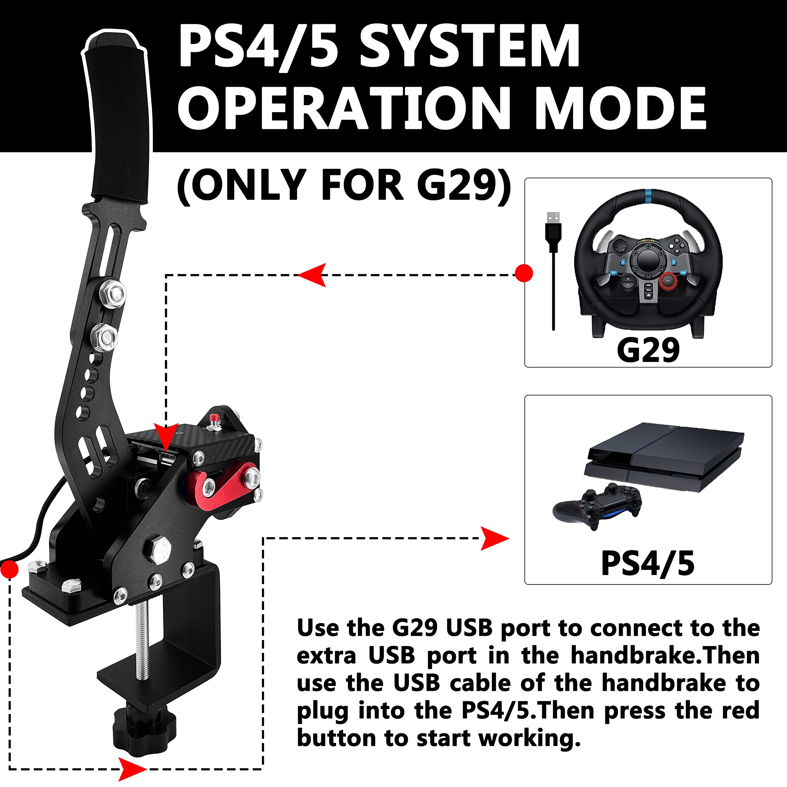 CXCESNS USB PS 4/5 handbrake Compatible with Logitech G29 Steering Wheel, 64-bit USB PC handbrake Applicable for simulated racing games with clip and Sim Card, 11.8" (PC+PS 4/5 system only)