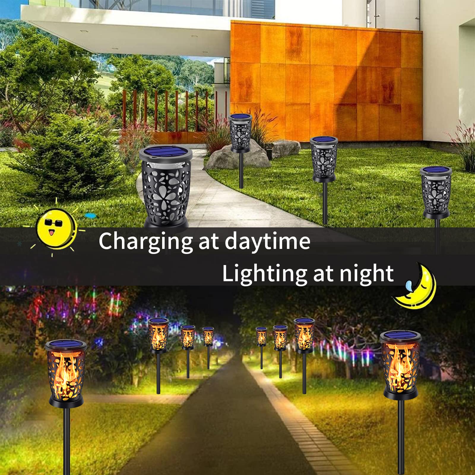 Ollivage Upgrade Hanging Solar Lanterns Outdoor Flickering Flame Solar Torches Lights Waterproof Landscape Lighting Solar Powered LED Flame Umbrella Lights for Garden Patio Yard Pathway Deck, 2P