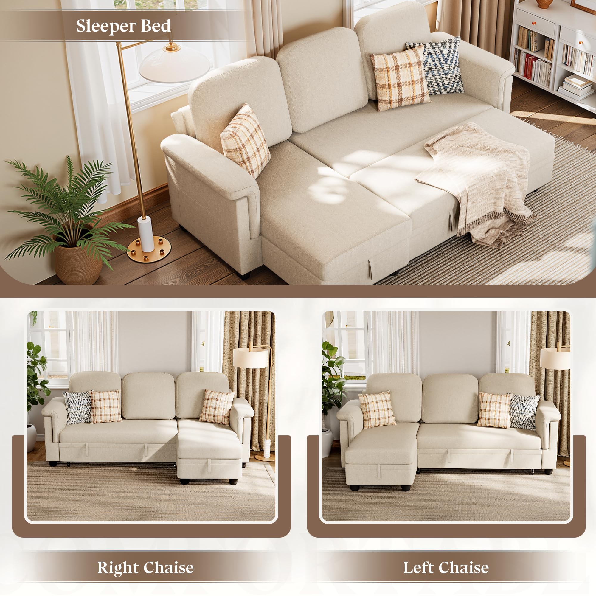Furmax Sofa Bed Pull Out Couch with Side Storage Pockets L-Shaped Sleeper Sofa with Storage Chaise Sectional Couches for Living Room, Small Apartments (Linen, Beige)