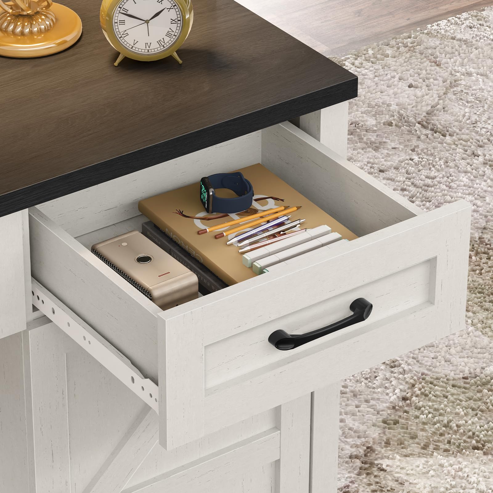 Farmhouse 61" Executive Desk with Hutch,Office Desk with 5 Drawers, Computer Desk with Storage Cabinet & File Drawers and Charging Station, Wood Workstation for Home Office and Study