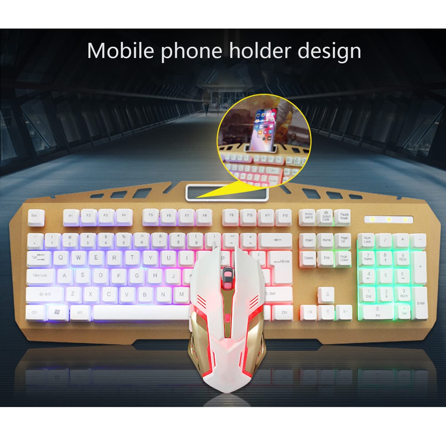 EXHNLE Wired RGB Backlit Gaming Keyboard and Mouse, Adjustable Breathing Lamp and Glowing Mouse, 104 Keys USB Ergonomic Keyboard, for PC Computer Gamer (Color : Gold)