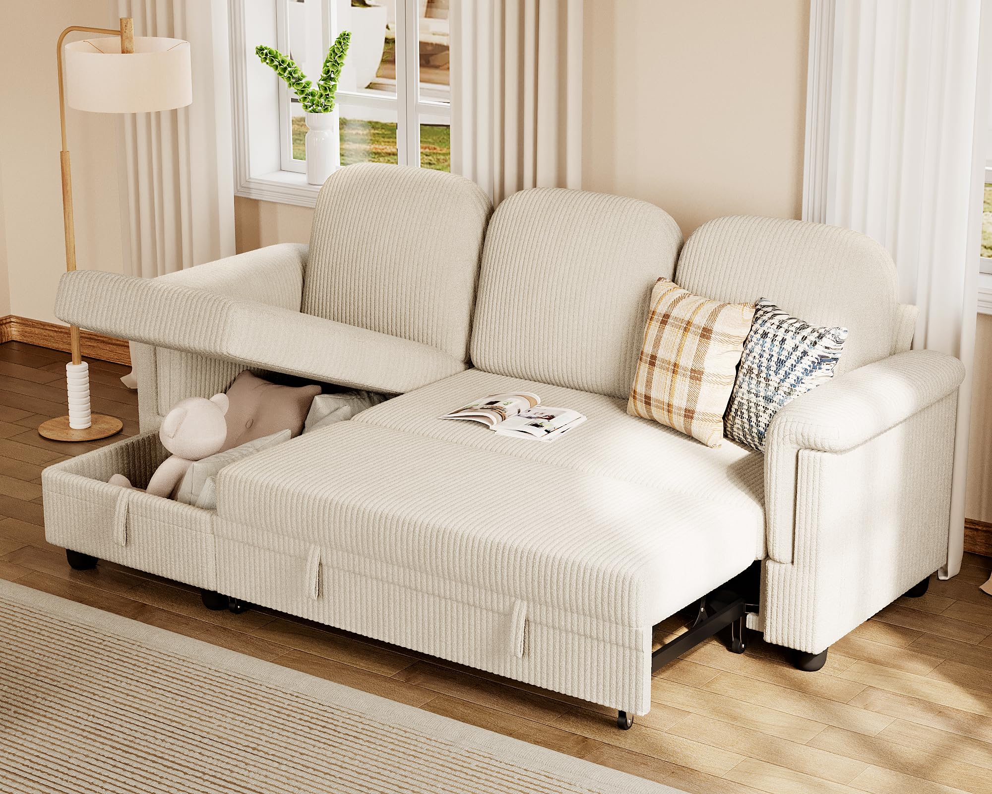 Furmax Sofa Bed Pull Out Couch with Side Storage Pockets L-Shaped Sleeper Sofa with Storage Chaise Sectional Couches for Living Room, Small Apartments (Corduroy, Beige)