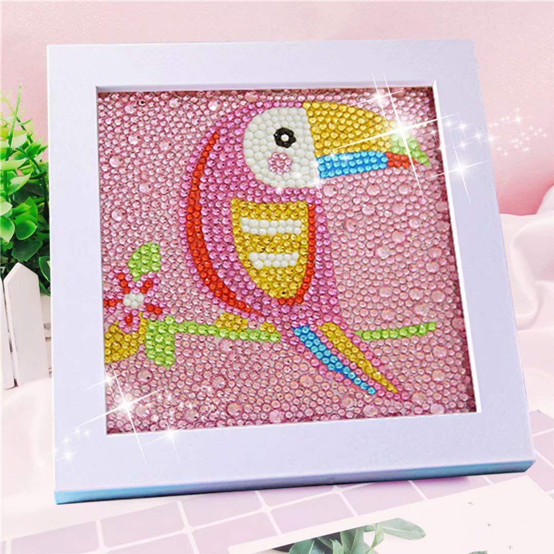 OLLULL Kids Diamond Painting Mosaic Sticker Art Kits with Wooden Frame Parrot