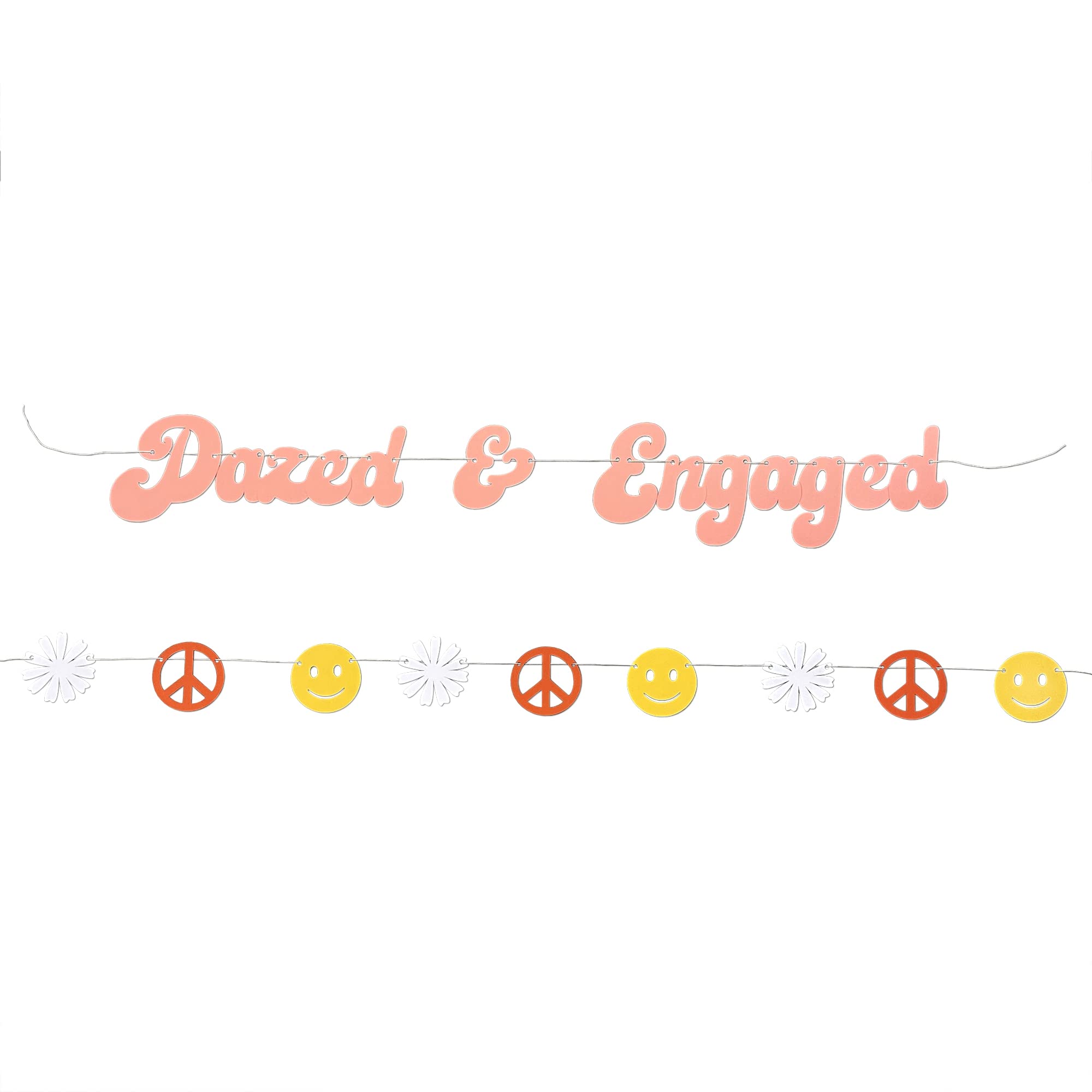 Dazed and Engaged Bachelorette Decorations Bundle with Dazed & Engaged Confused Banner and Groovy Retro Hippie Daisy, Peace Sign, and Smiley Face Garland - 24 piece set
