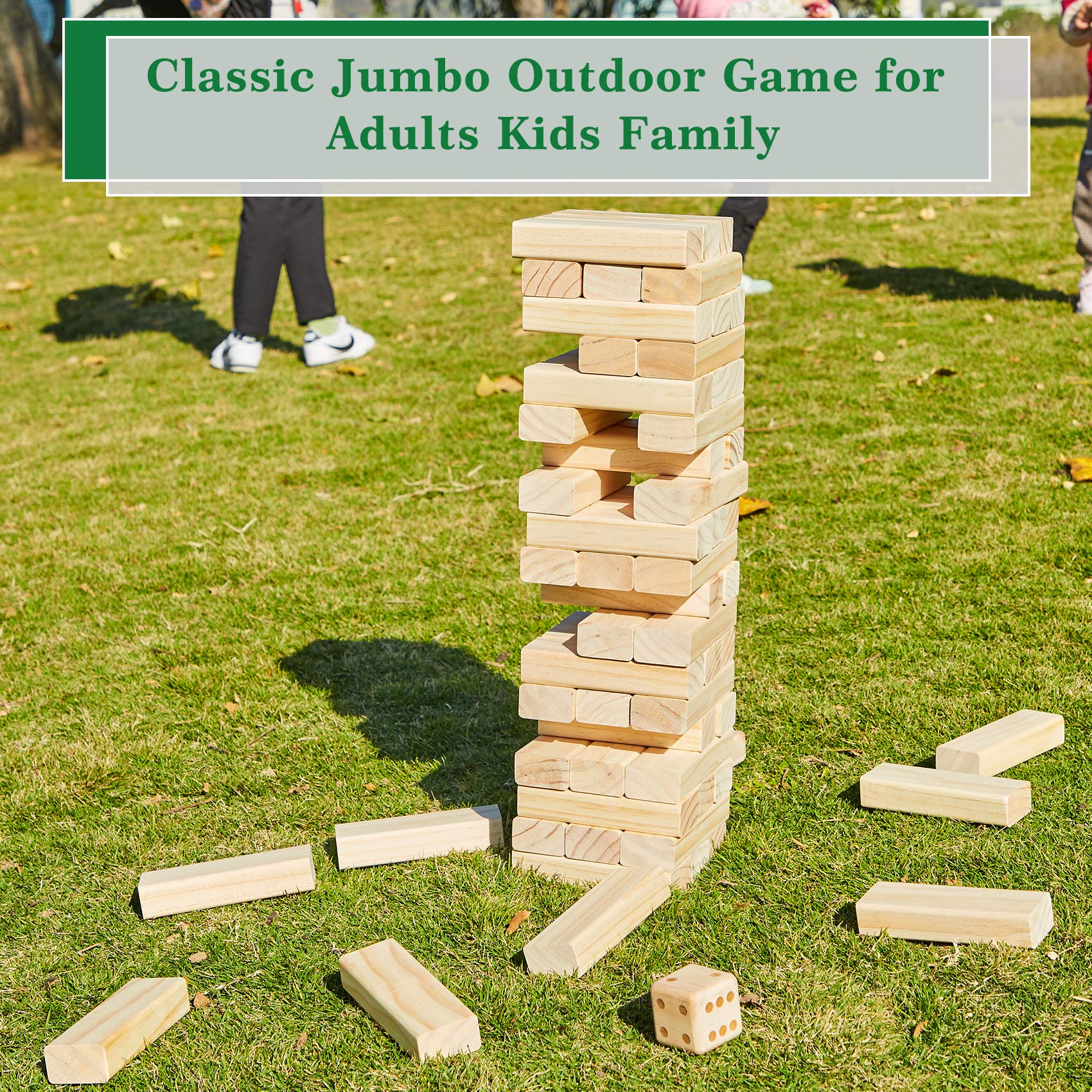 Olsa Giant Tumble Tower 60 PCS Wooden Block Stacking Games with Carrying Bag Classic Indoor & Outdoor Games for Kids Adults Family Backyard Lawn Beach Camping (Stack from 2.2 Ft to 5Ft)