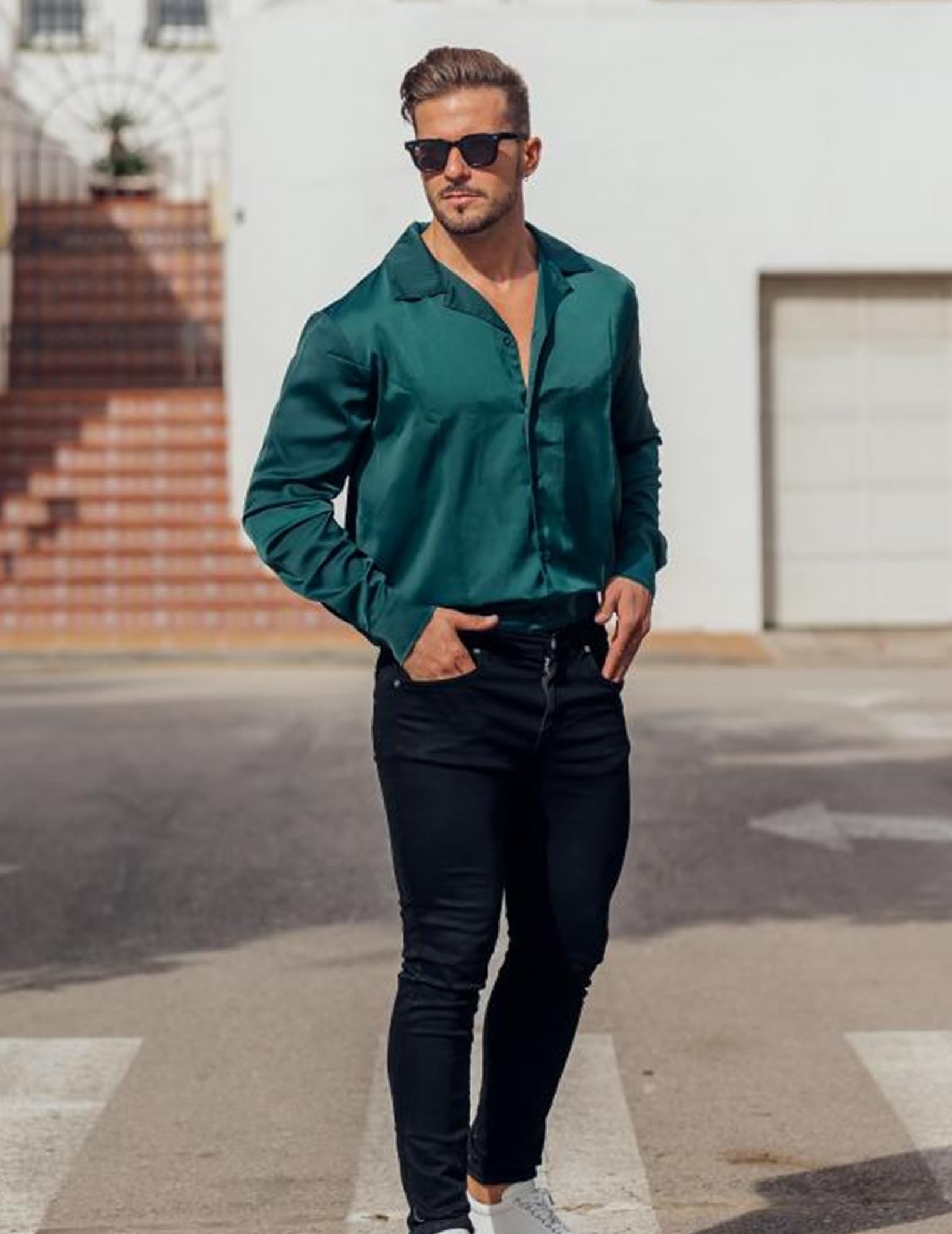 COOFANDY Mens Dress Shirts Long Sleeve Satin Button Down Shirts Shiny Prom Party Shirts Lake Green