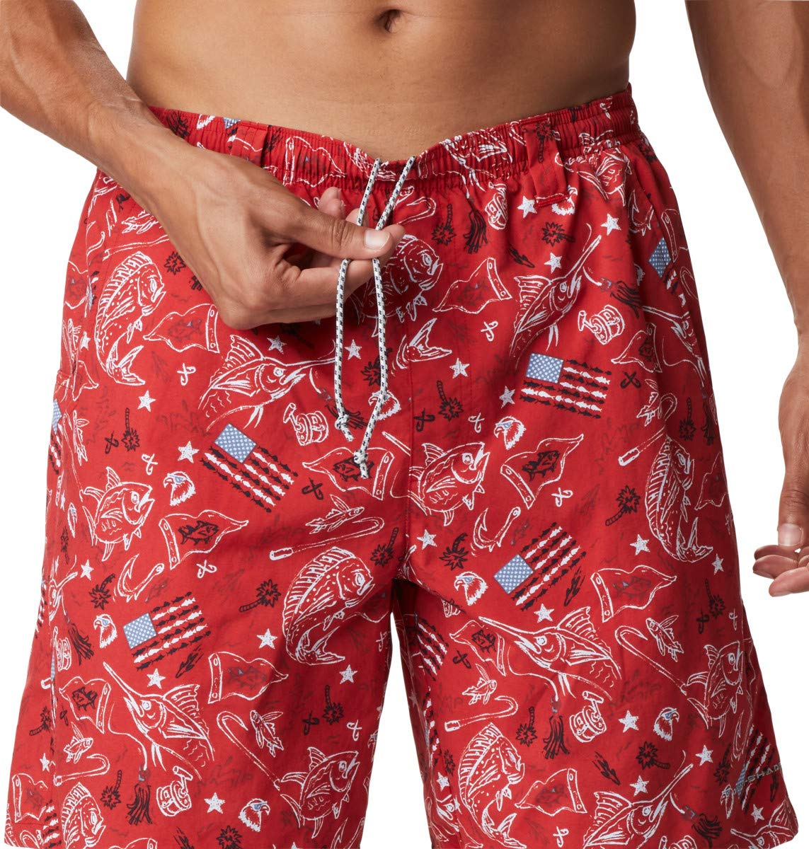 Columbia PFG Men’s Super Backcast Water Shorts, Quick Dry, Sun Protection, Red Spark Americana Fishing Print, Medium