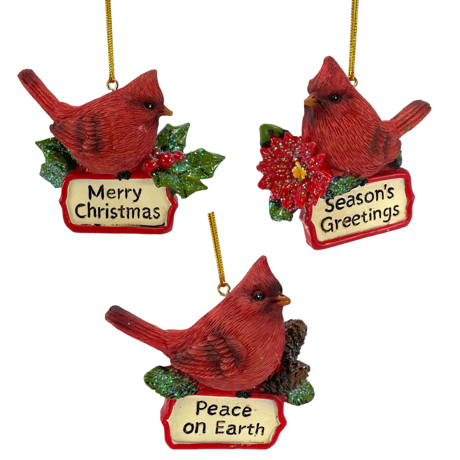 Christmas Greetings Cardinal Bird with Sign Tree Ornament 3 Piece Set - Gifts and Decorations for Christmas, Halloween and Holidays