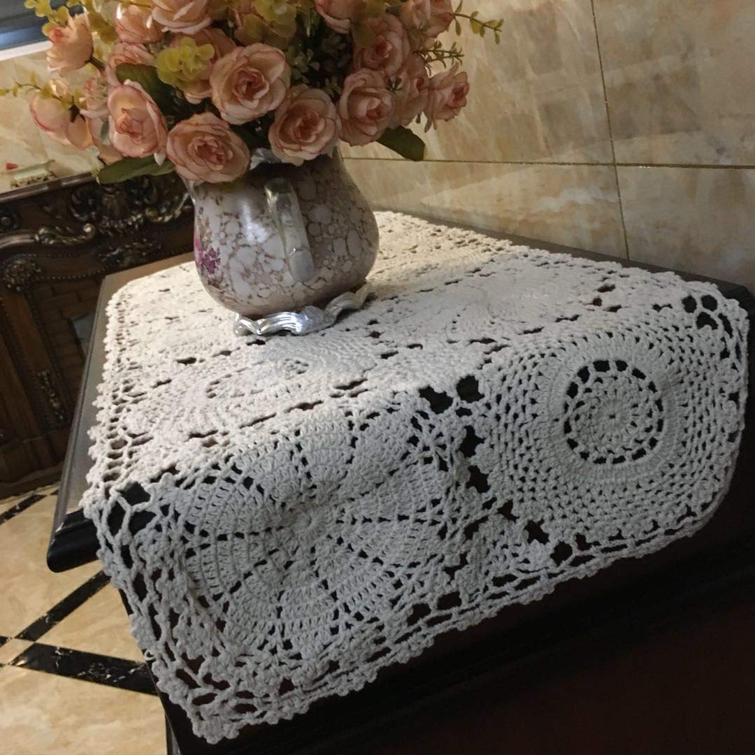 USTIDE 100% Cotton Crochet Lace Rectangular Table Runner Bedside Table Cover Ecru Dresser Scarf Doilies,2pcs 11 Inch X23 Inch