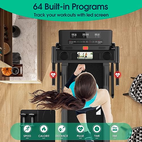 Impremey Folding Treadmill with Incline, Electric Treadmill with 42β x 16β Large Running Belt, Heart Rate Monitor, Easy Assembly, 64 Preset Programs, 7.5 Mph Speed, 2.5HP, Compact Design for Home