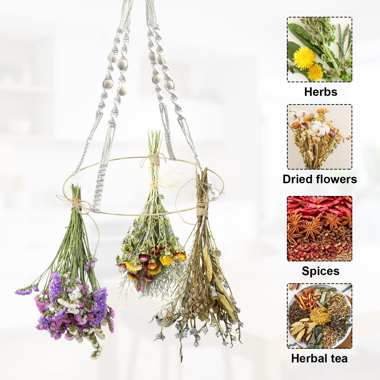 HFYZZ 2Pcs Herb Drying Rack,Boho Handcrafted Cotton Rope Woven Herb Drier with Wooden Balls,Herb Dryer,Herb Drying Rack, Hanging Herb Dryer Rack for Hydroponic Plants, Gold Color