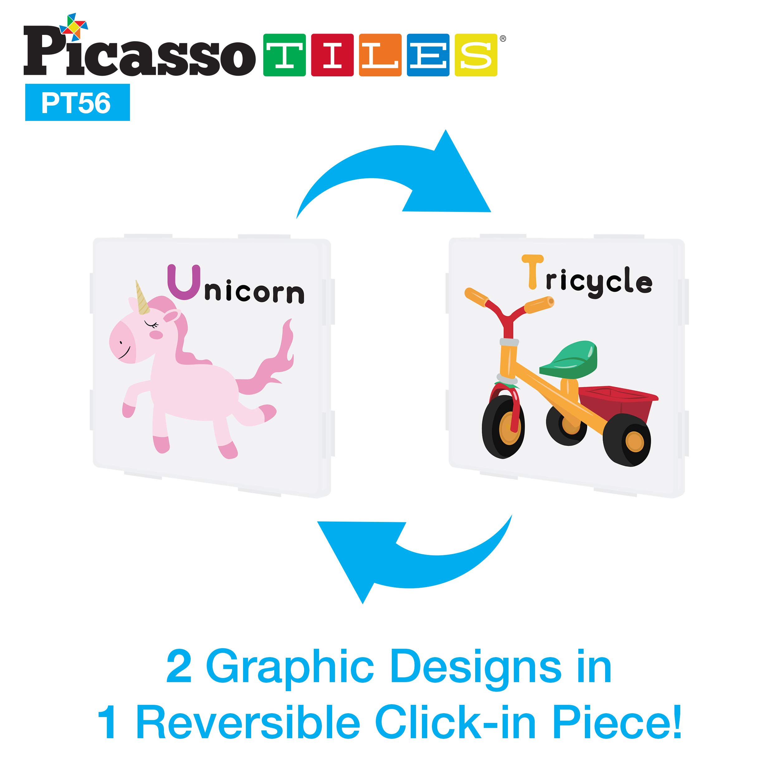 PicassoTiles Magnetic Building Blocks with Tiles and Educational Artwork Graphic Click-in Inserts Magnet Construction Toy Set STEM Learning Kit Playset Child Brain Development PT56