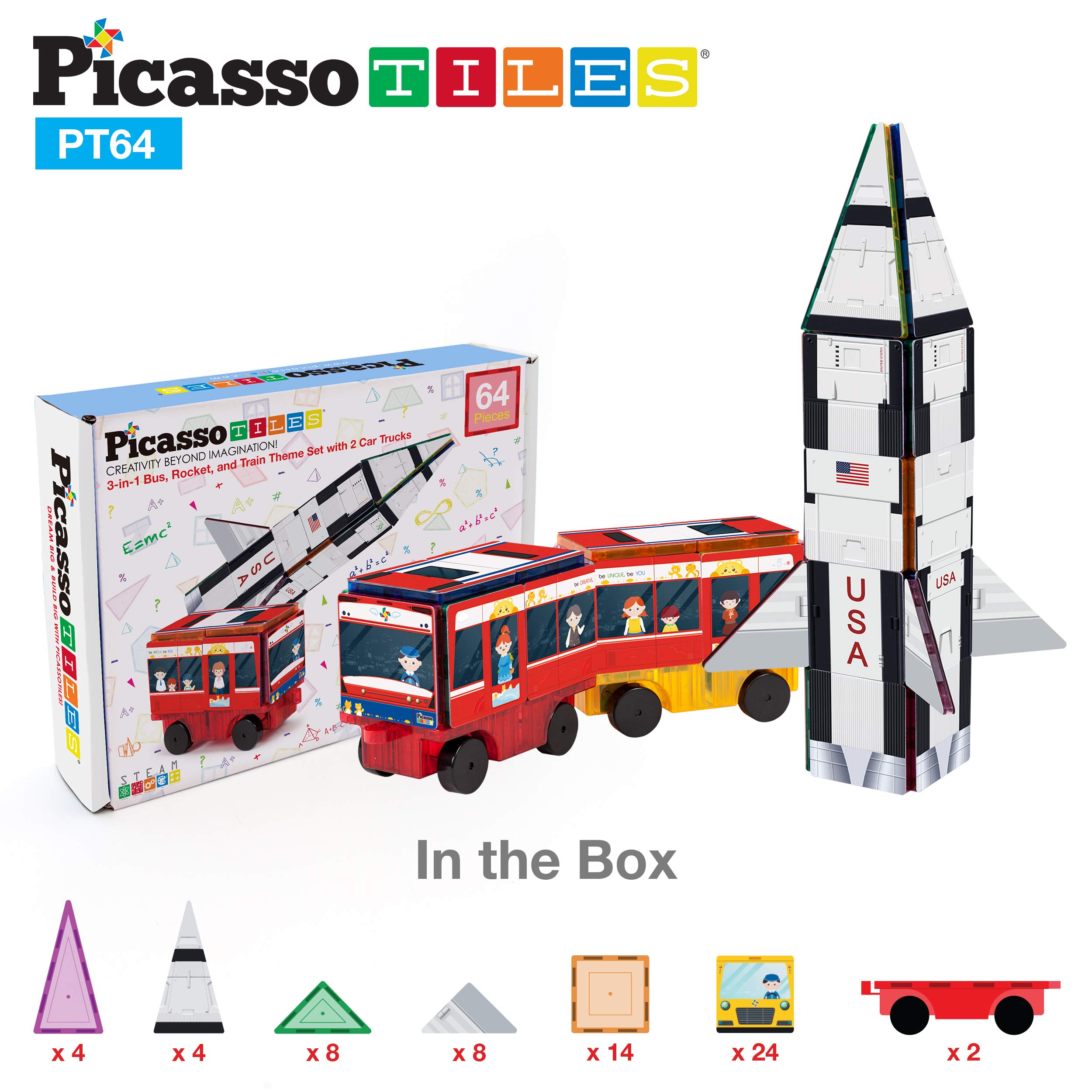 PicassoTiles Magnet Building Blocks STEM Learning Construction Toy Set Early Education Kit 3-in-1 Rocket, School Bus, Train Theme Stick-On Puzzle Pretend Play Magnetic Tiles Kids Building Block Toys