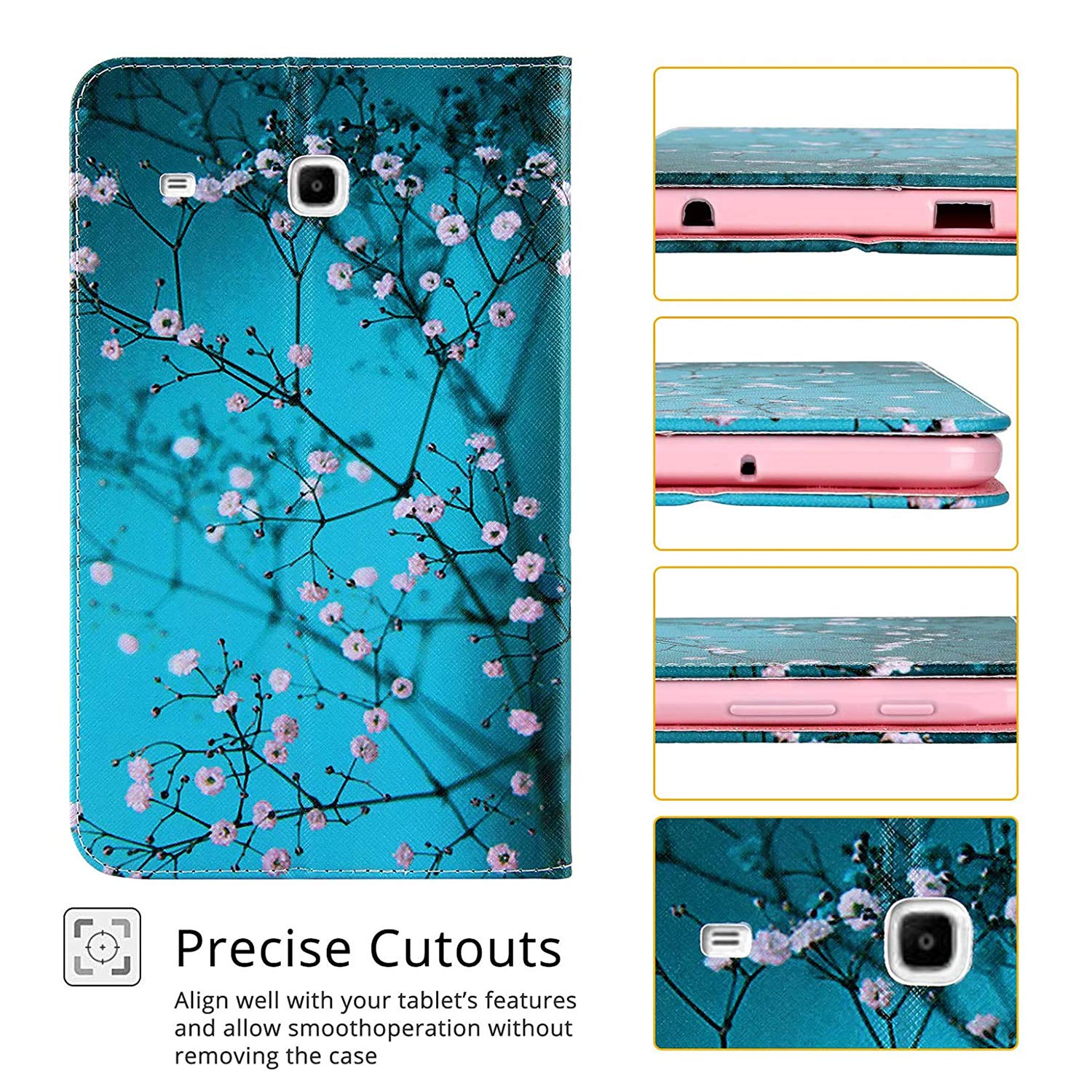 UUcovers T377 Tablet Case for Samsung Galaxy Tab E 8.0 Inch 2016 Model (SM-T377A/T377V/T377P/T375/T378) PU Leather Folio Stand Wallet Soft TPU Back Shockproof Cover with Card Pocket, Pear Flower Blue