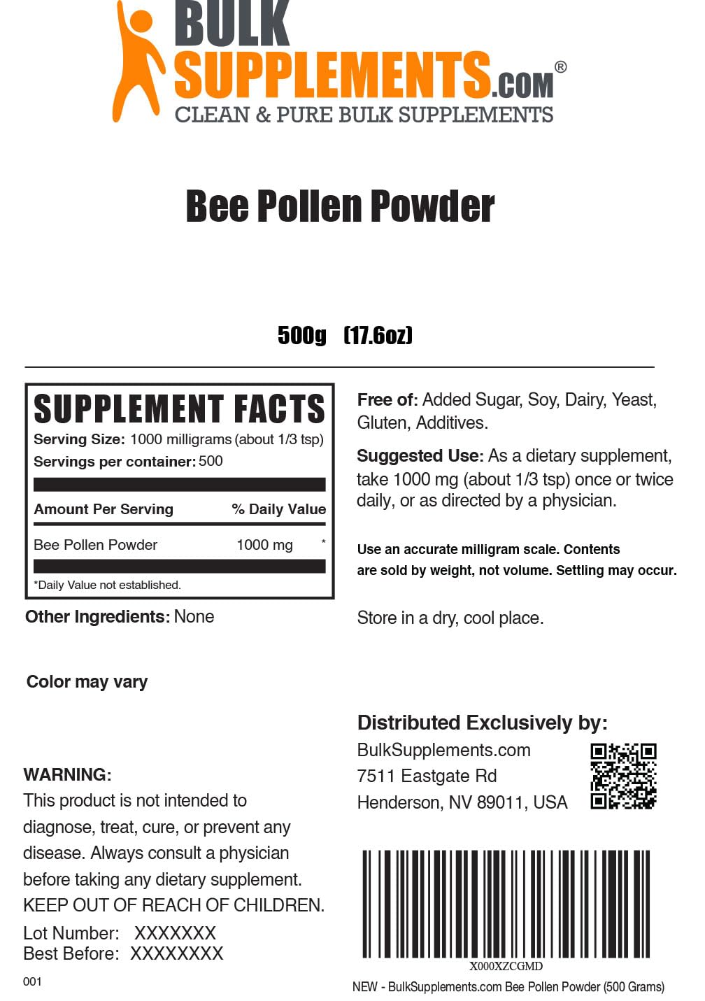 BulkSupplements.com Bee Pollen Powder - Superfood Supplement, Bee Pollen Supplement - for Immune Support, Natural & Gluten Free, 1000mg per Serving, 500g (1.1 lbs) (Pack of 1)