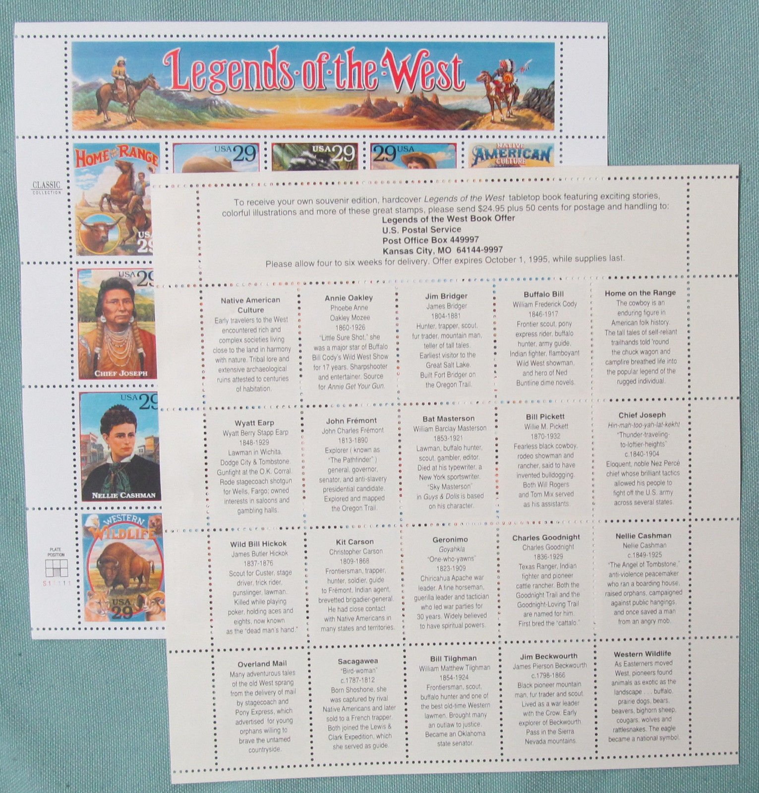 Legends of the West Complete Pane of Twenty 29 Cent Stamps Scott 2869 By USPS