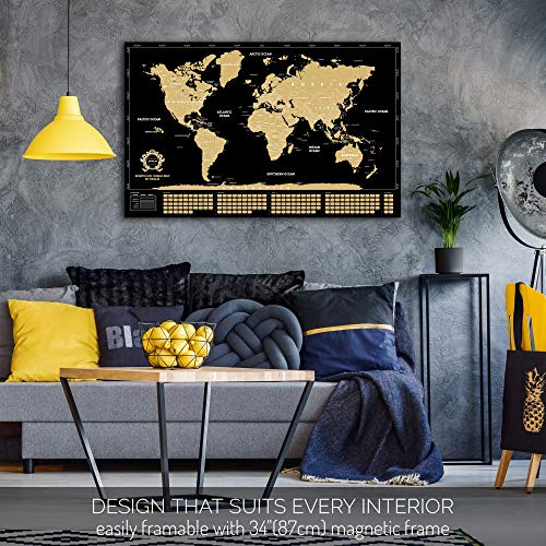 Scratch Off World Map - Extra Large - Black and Gold Scratchable World Map Poster - Best Travel World Map Gift - All Accessories - Premium Detailed Scratch Off Map of The World - for Globetrotters