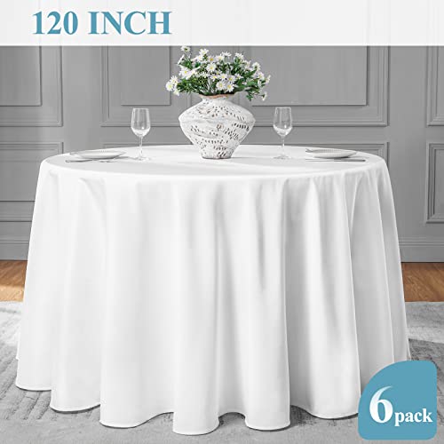 VidaFete 6 Pack 120inch Round Tablecloth Polyester Table Cloth,Stain Resistant and Wrinkle Polyester Dining Table Cover for Kitchen Dinning Party Wedding Rectangular Tabletop Buffet Decoration(White)