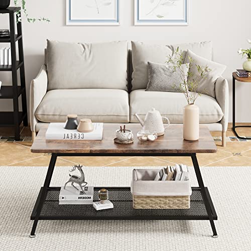 IDEALHOUSE Coffee Table Industrial Center Table 2-Tier Living Room with Mesh Shelf Rectangle Wood Cocktail Table Metal Frame, Easy to Assemble, Rustic Brown
