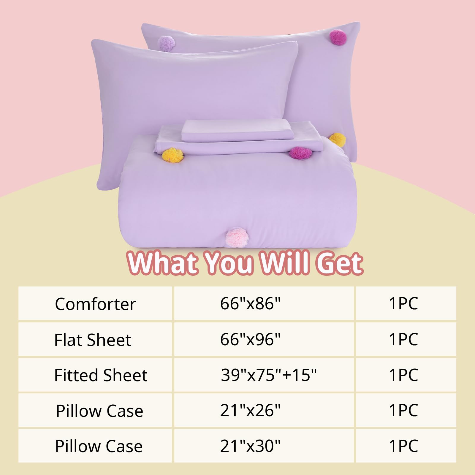 HOMBYS Pom Poms Bedding Comforter Set for Girls, 5 Piece Purple Boho Kids Comforter Set for All Season,Twin/Twin XL Size