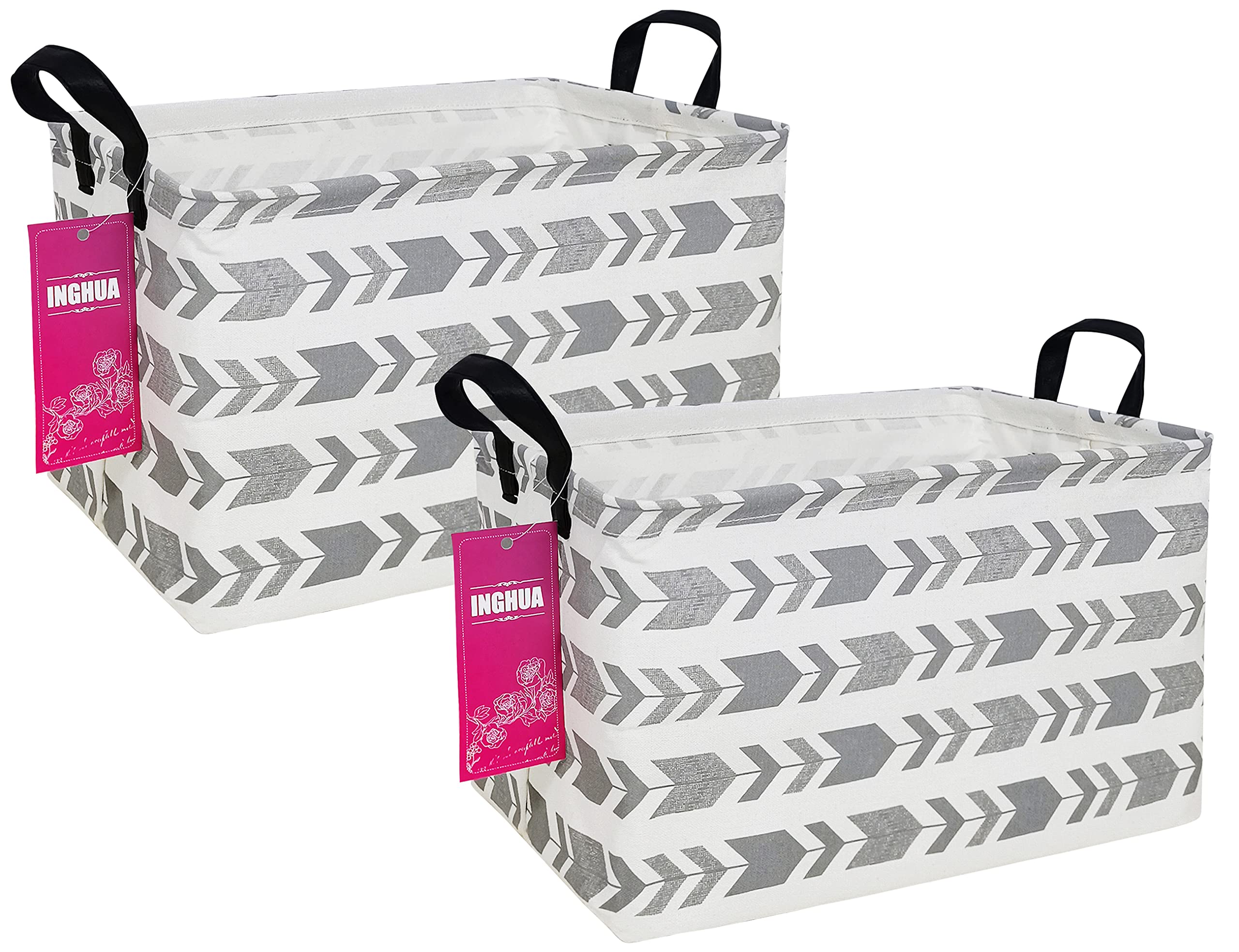 INGHUA 2 Packs Rectangular Storage Basket Fabric Organizer Bin for Toys,Books,Clothes,Gifts,Pets-Perfect for Home,Office,Nursery,Dorm,Shelf(Rec-2-Grey Arrow)