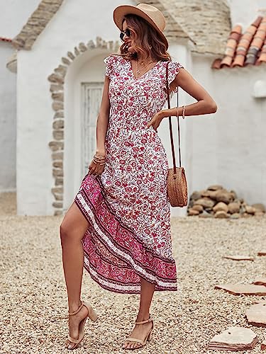 PRETTYGARDEN Summer Dresses for Women 2023 - V Neck Floral High Low Flowy Maxi Dress White