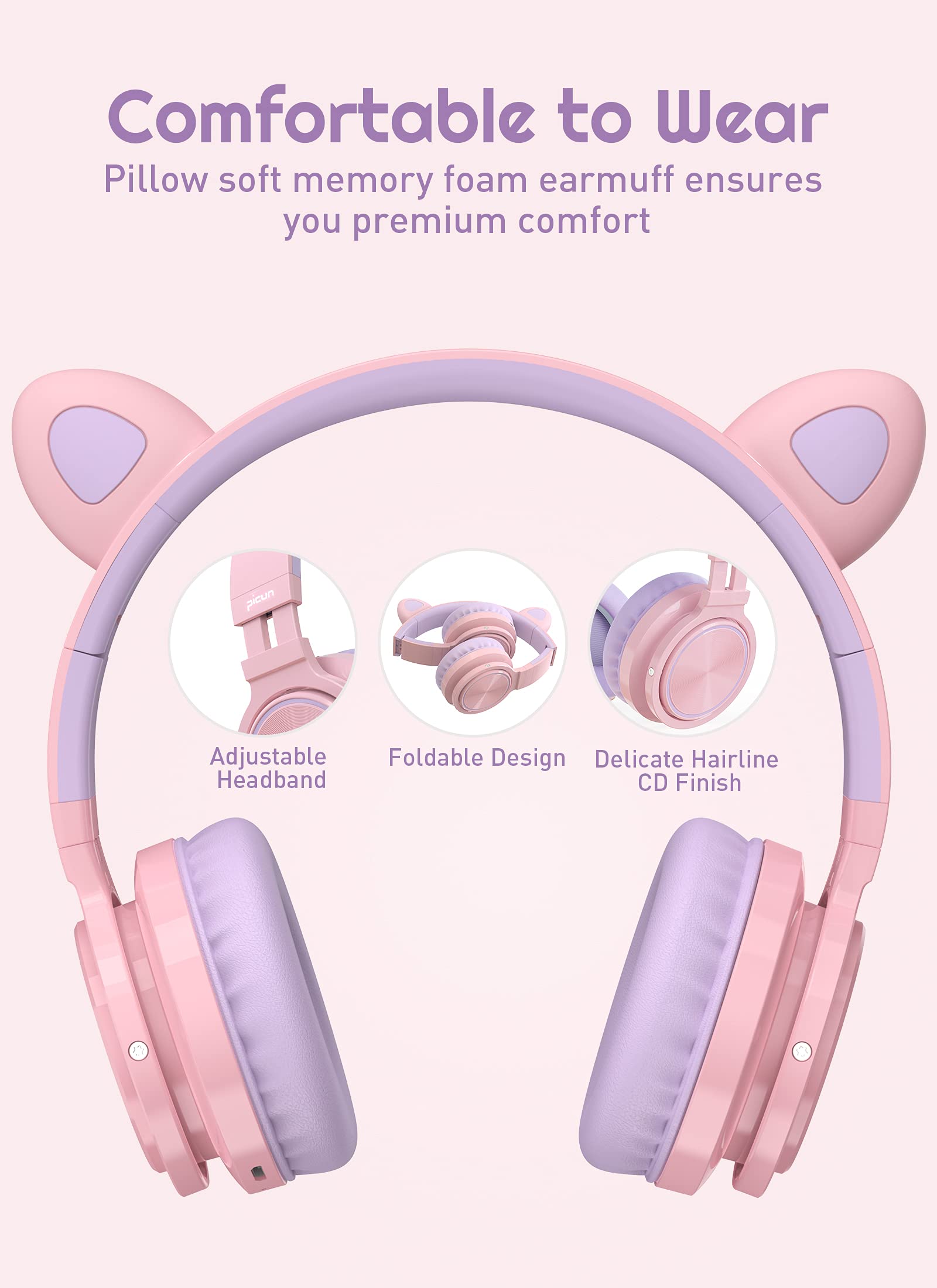 Picun Bluetooth Kids Headphones with Microphone, Cat Ear Wireless & Wired 85dB Volume Limited Multi-Function Girl Headphones, Built-in Flashing LED, Foldable for School Study Home Travel- Purple Pink