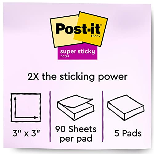 Post-it Super Sticky Recycled Notes, 3x3 in, 5 Pads, 2x the Sticking Power, Poptimistic, Bright Colors, 30% Recycled Paper (654-5SST)