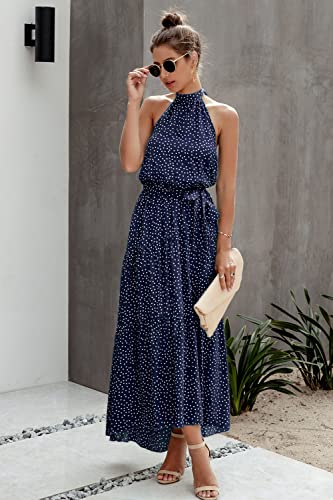 PRETTYGARDEN Women’s Casual Halter Neck Sleeveless Floral Long Maxi Dress Backless Loose Ruffle Sundress with Belt (Navy,X-Large)