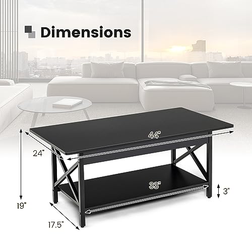 IFANNY Coffee Table, 44" Rectangle Cocktail Table with Storage Shelf, Industrial Accent Table with Metal Frame & Adjustable Foot Pads, Wood Center Table for Living Room, Home Office (Black)
