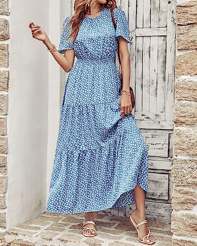 PRETTYGARDEN Women's Summer Casual Short Flutter Sleeve Round Neck Smocked Waist Tiered Boho Floral Flowy Maxi Dress(Small, Leaves Sky Blue)