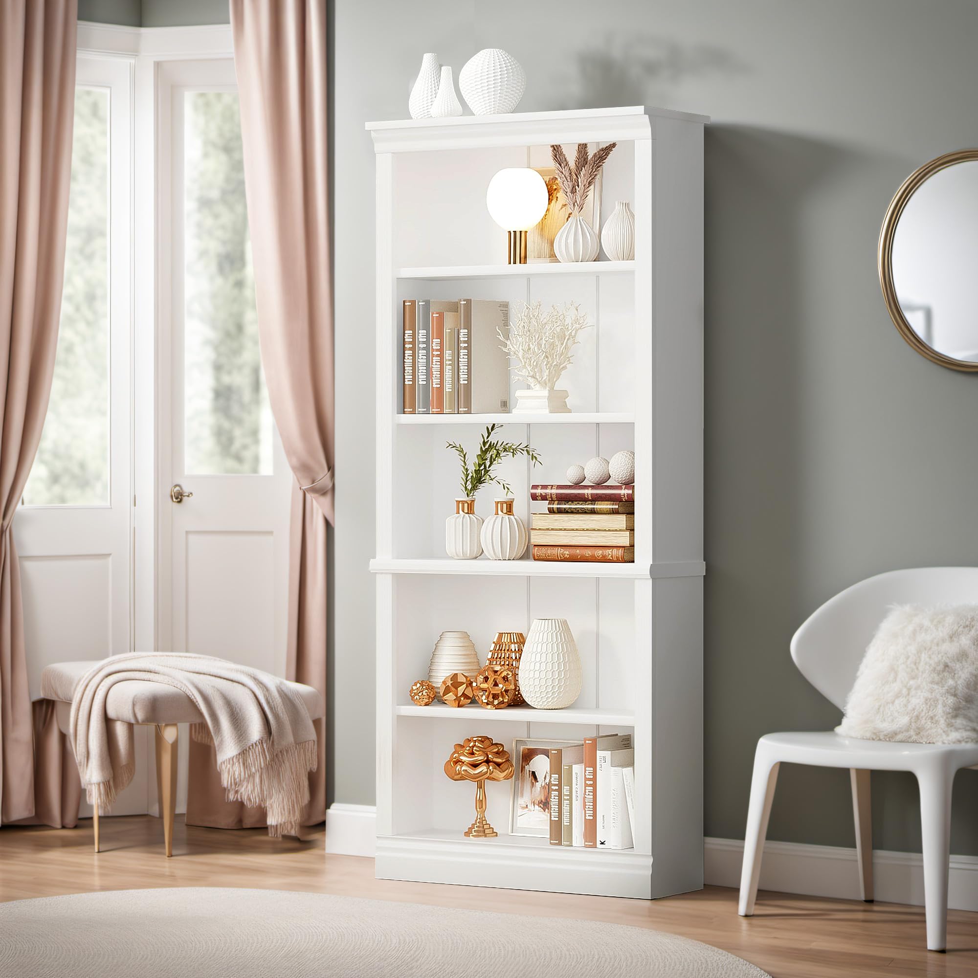 Furniwell Bookcase Bookshelves, 5-Shelf Tall Bookcase 72" Wood Open Display Floor Bookshelf, Large Storage Organizer for Library, Bedroom, Living Room (White)