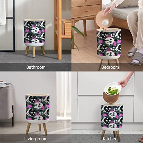 Small Trash Can with Lid Skull funky seamless rough grunge modern design Hipster trendy painted Round Garbage Can Press Cover Wastebasket Wood Waste Bin for Bathroom Kitchen Office 7L/1.8 Gallon