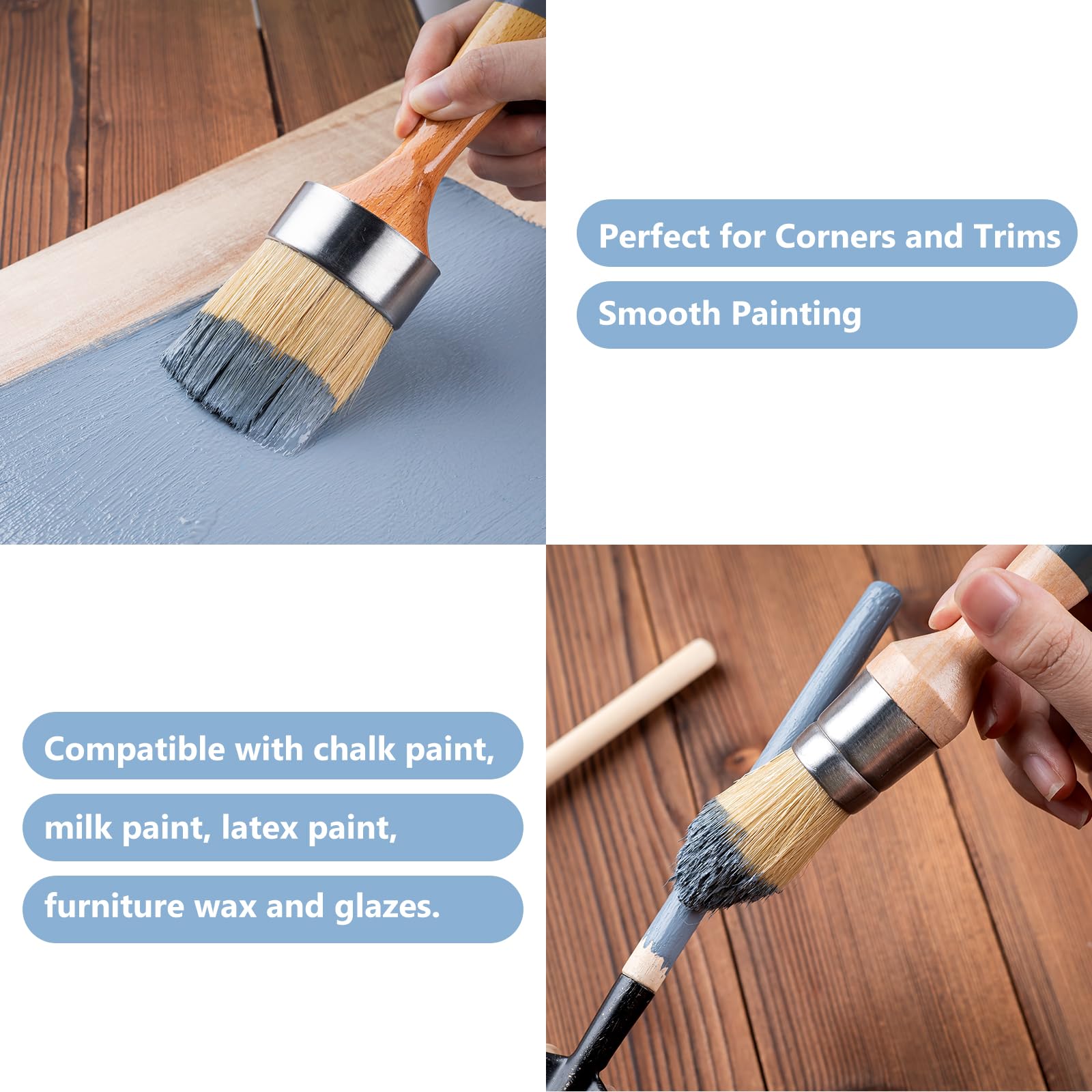 Mister Rui Chalk Paint Brush, Wax Paint Brush Set 3 Pack, Round Paint Brushes Use with All Paints, Natural Bristle Brushes for Painting or Waxing, Home Decor, DIY Art Crafts