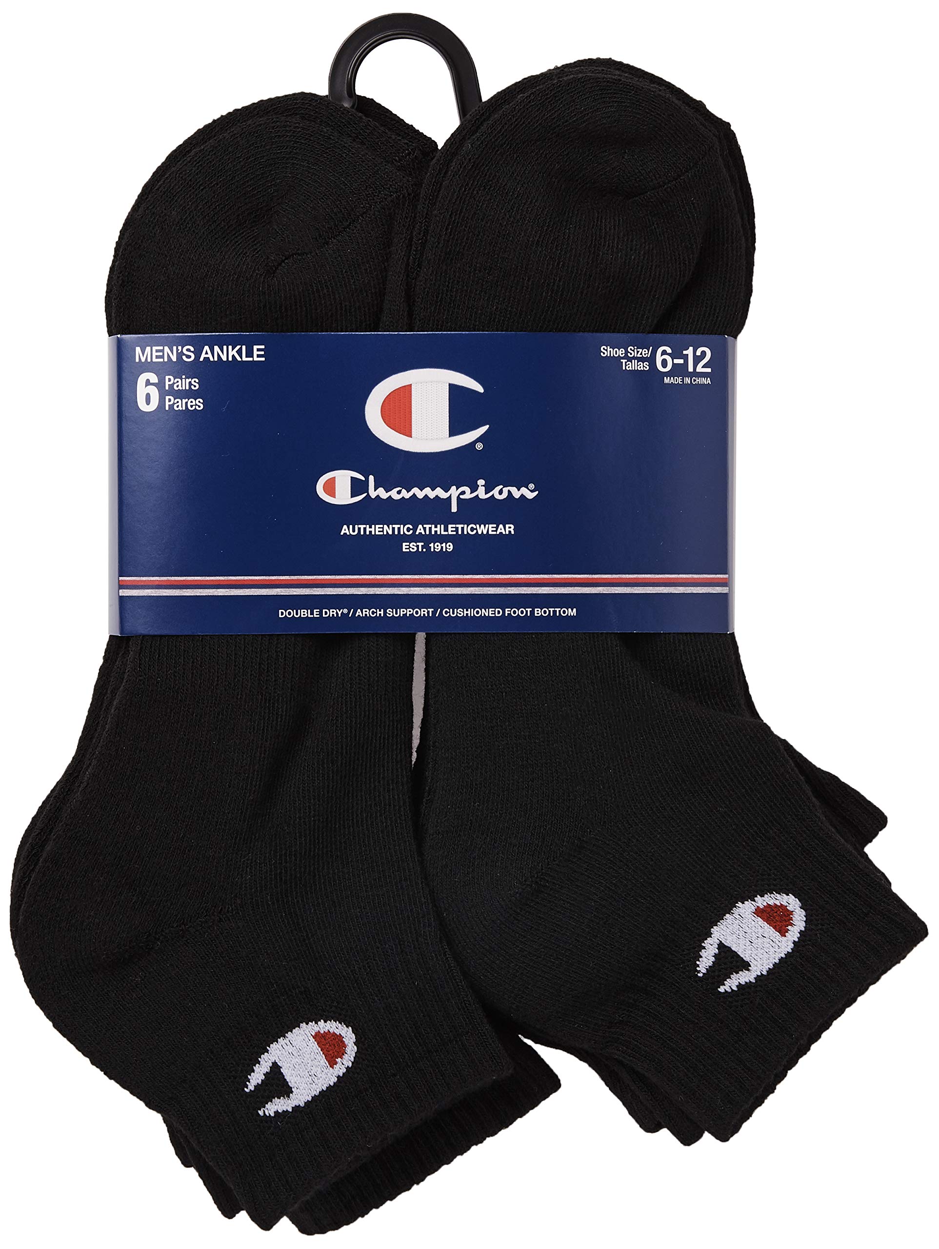 Champion Men's Double Dry Moisture Wicking Ankle Socks 6, 8, 12 Packs Availabe, Black-6 Pack, 6-12