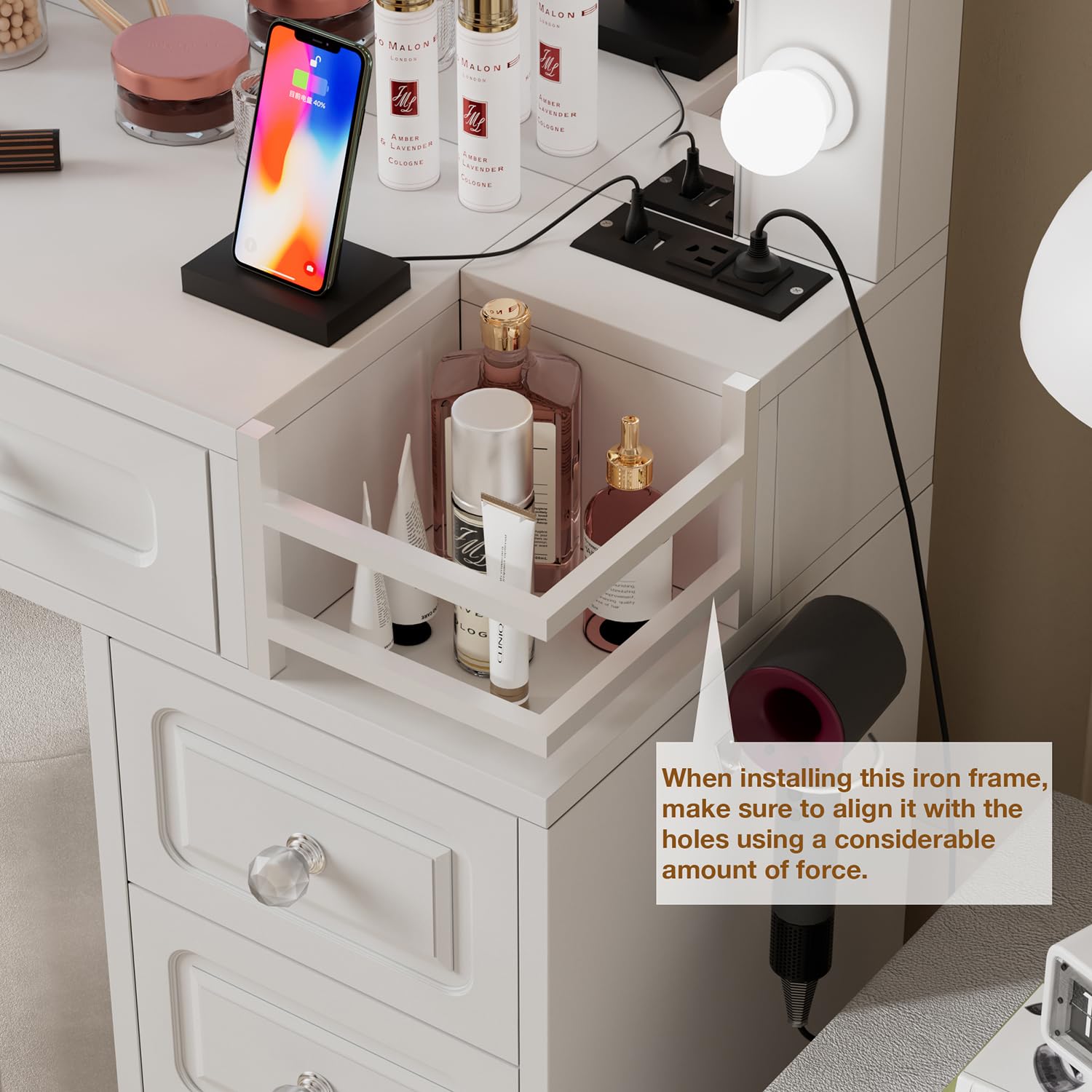 FURNJOYLIFE Farmhouse Makeup Vanity Desk with Lighted Mirror & Power Outlet, Vanity Dresser Table with 3 Lighting Modes Brightness Adjustable,7 Drawer,2 Shelves,Hair Dryer Stand for Bedroom,White