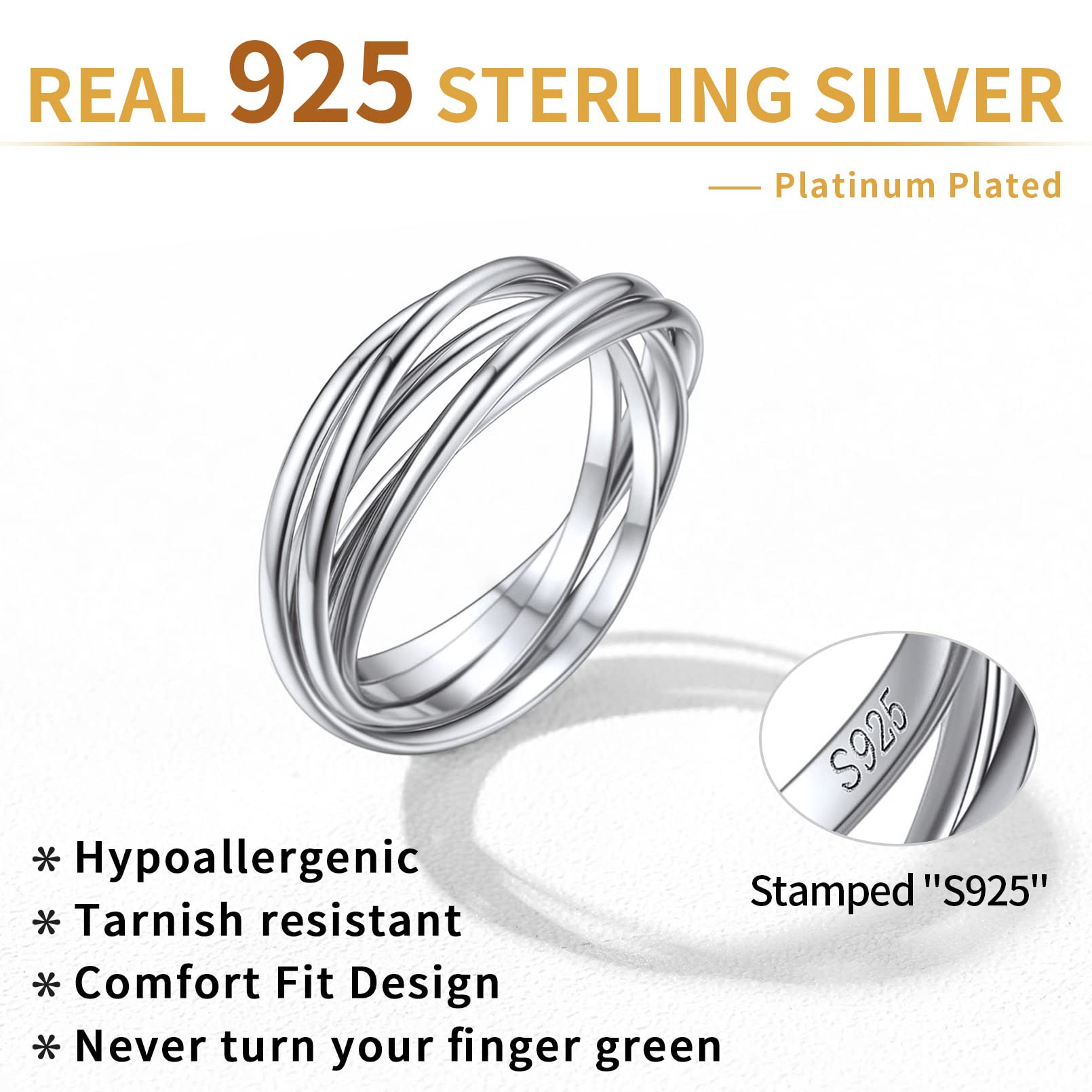 ChicSilver 925 Sterling Silver Multi Interlocked Rolling Ring for Women Simple Plain Dome High Polish Engagement Band Size 11