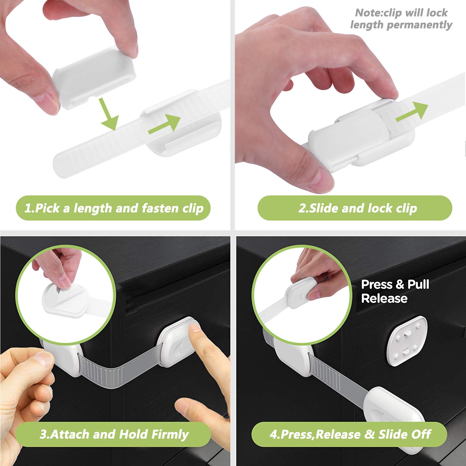 Child Safety Lock, 12 pcs Adjustable Baby Safety Lock Proofing Latches to Drawer Door Fridge Oven Toilet Seat Kitchen Cupboard with No Trapped Fingers. Extra Easy Install, No Tools Needed