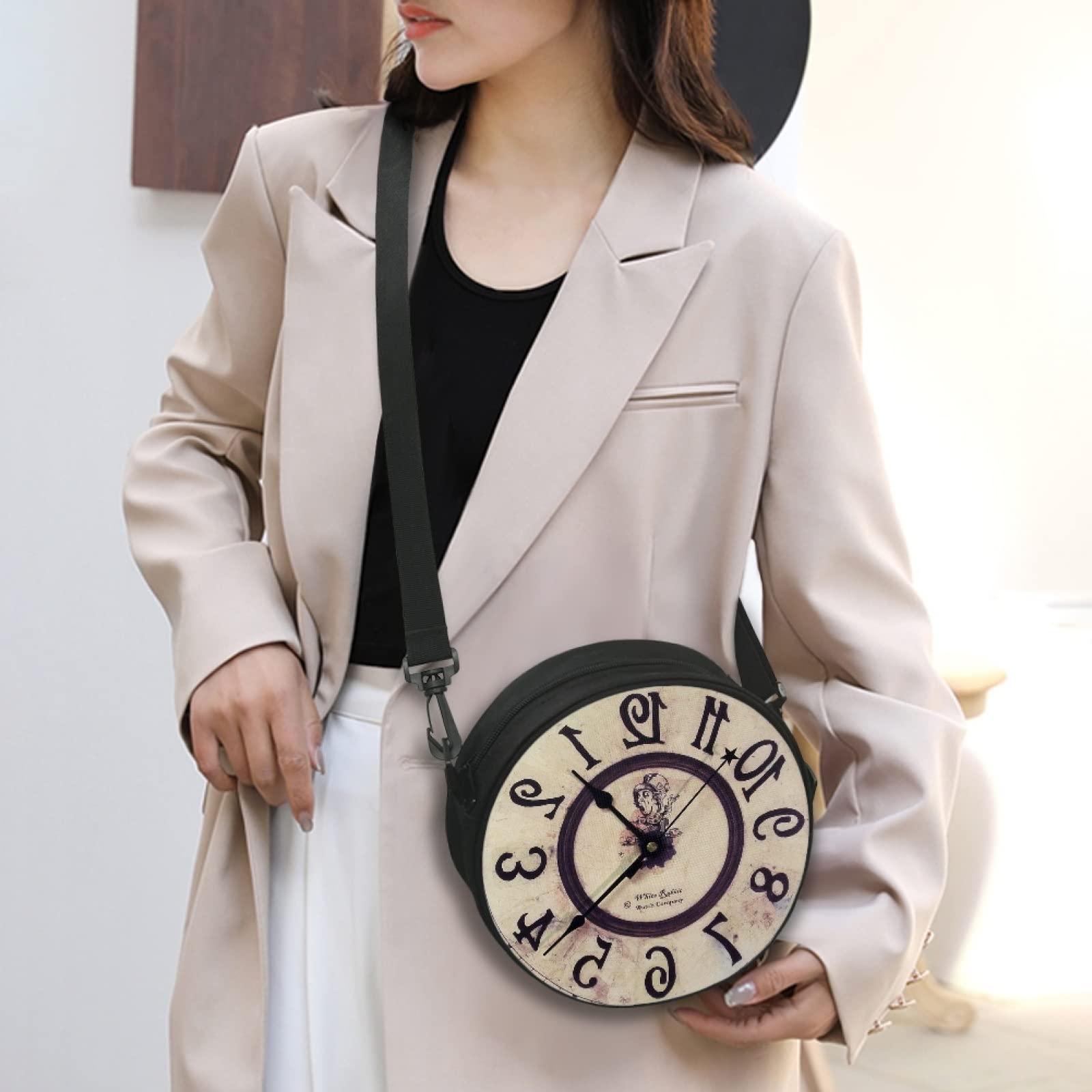 Sannovo Halloween Women's Clock Print Round Clock Purse Women's Shoulder Handbags with Zippered Soft Durable Crossbody Bag for Outdoor, Gift for Mom