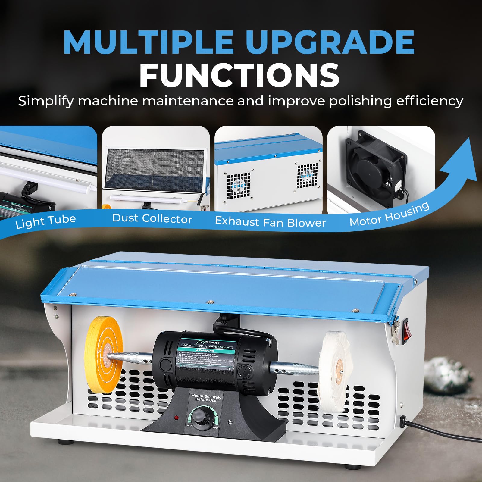Flyrivergo Jewelry Polishing Machine, Bench Buffer Polisher 800W 110V Adjustable Variable Speed Polishing Machine with Dust Collector, Exhaust Fan Blower, Work Light and Motor Housing for Metal, Wood