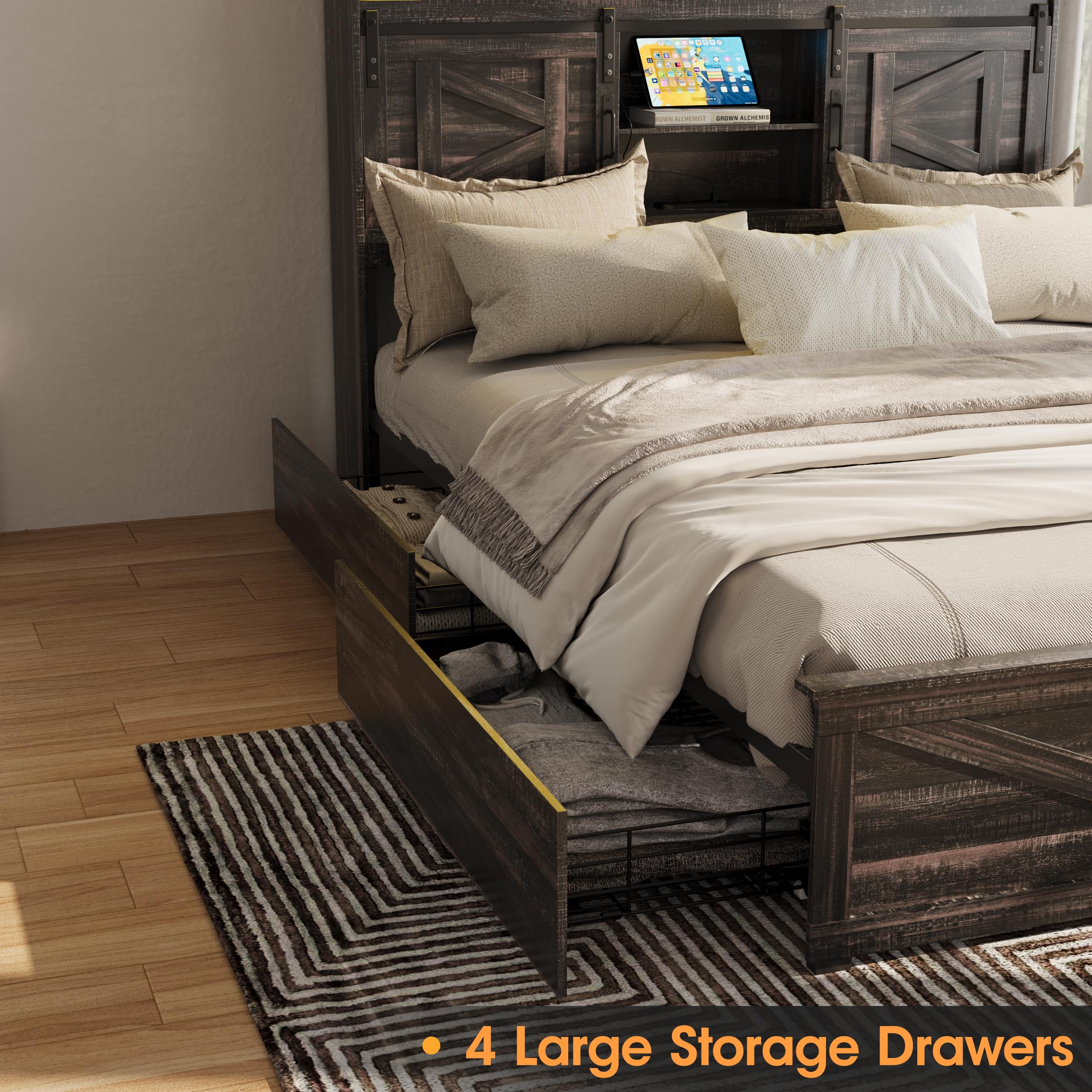 Fameill Farmhouse Queen Size Bed Frame with 4 Drawers and Bookcase Headboard, Sliding Barn Door Storage Shelves, LED Lights and Charging Station, No Box Spring Needed, Dark Rustic Oak