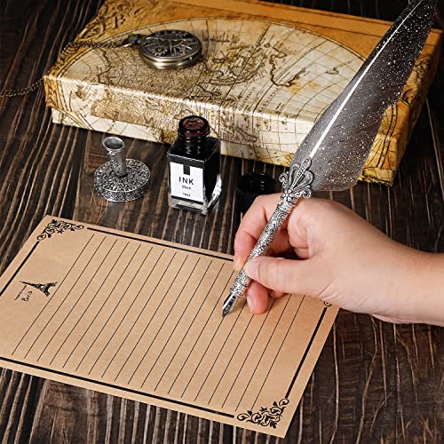 Vintage Quill Pen Ink Set,Feather Quill Pen with Wooden Calligraphy Pen, Including 7 Different Sizes of Nib, Calligraphy pen Set Gift & Women and Man(Grey)
