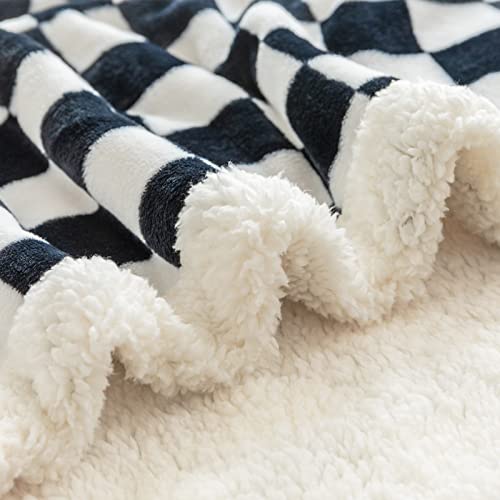 LOMAO Sherpa Throw Blanket Fleece Blanket with Checkered Pattern Soft Thick Blanket for Couch, Bed, Sofa Luxurious Warm and Cozy for All Seasons (Black, 51"x63")
