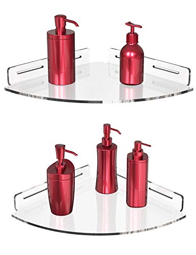 Vdomus Acrylic Bathroom Shelves, Wall Mounted no Drilling Thick Clear Storage & Display shelvings, 2 Pack (Original) and Acrylic Corner Shower Shelf 2 Pack with Adhesive, Wall Mount Bathroom