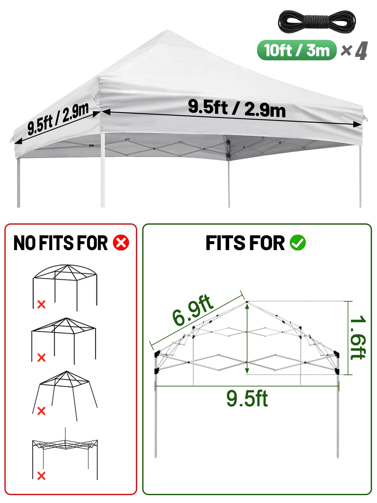 Canopy Replacement Top Cover for 9.5x9.5ft Pop Up Canopy, Tent Top Cloth with 4pcs 9.8 ft Fixed Ropes, Sun Waterproof Shade for Outdoor Garden Patio Picnic Camping - Grayish White