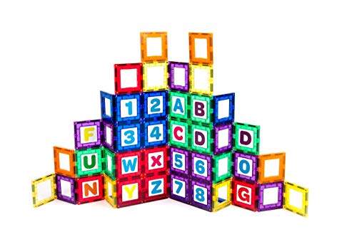 Playmags Magnetic Tile Building Set: Exclusive Educational Clickins 36-Pc. Kit: 18 Super Strong Clear Color Magnet Tiles Windows & 18 Letters & Numbers Stimulate Creativity & Brain Development