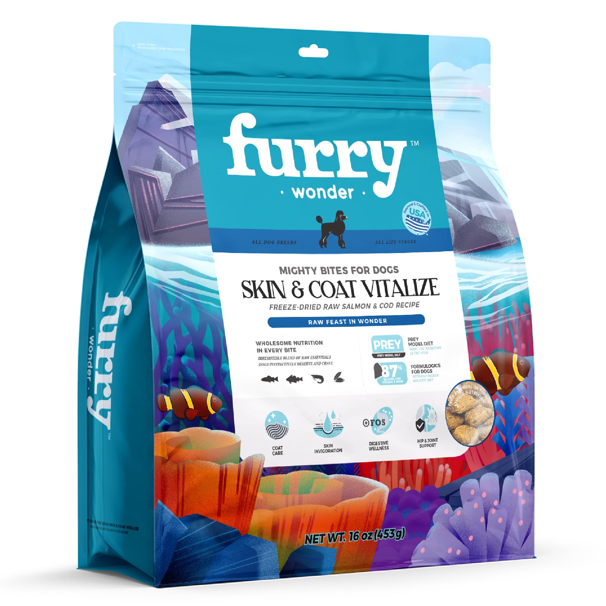 FURRY Β· WONDER . Freeze Dried Raw Dog Food Salmon and Cod Recipe 16 Ounce, USA Made Grain Free High Protein Dog Food for Complete Meal or Food Topper, Freeze Dried Raw Diet for Skin & Coat Vitalize